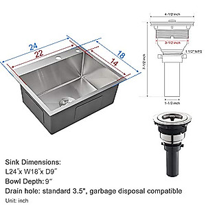 ROVOGO 24 x 18 inches Drop-in Kitchen Sink Single Bowl with 2 Holes, 304 Stainless Steel Handmade Residential Sink Brushed