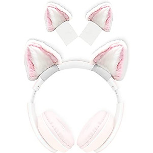 Cute Cat Ears Headphone Attachment,Adjustable Design Fit for Logitech G PRO HypreX Cloud/Cloud Flight Headphones and More,Cosplay Kitten Ears,(Headphones not Included),Pink & White