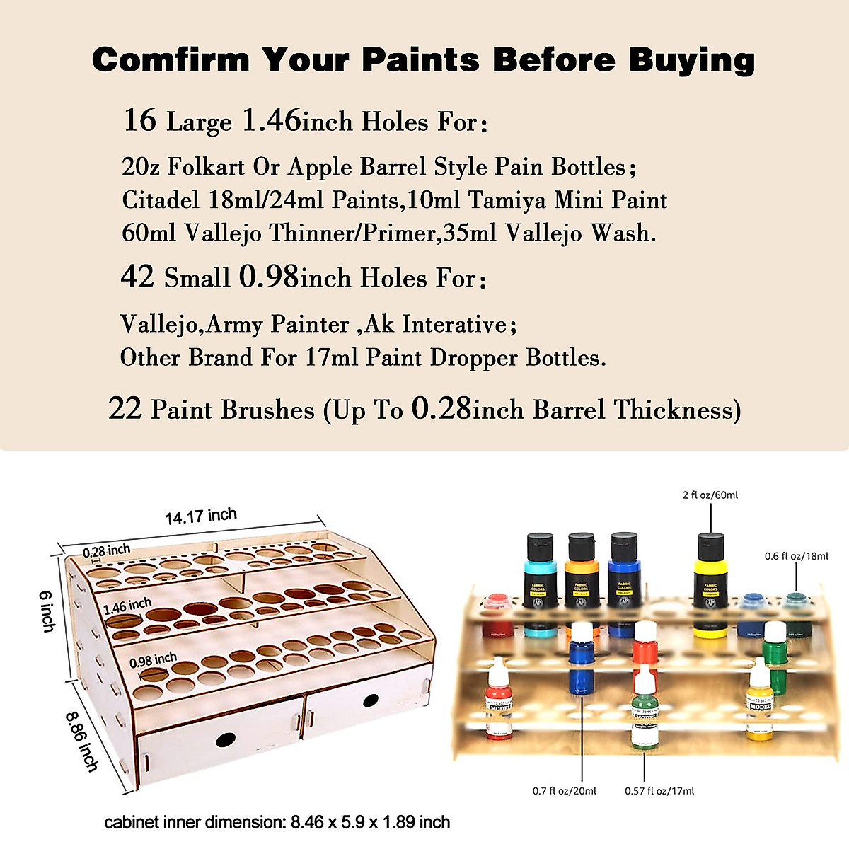 WFLAY Wooden Paint Rack With 80 Holes For Storing Paints Brushes