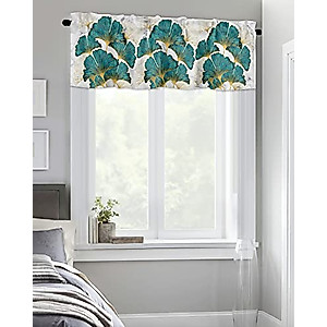 Teal Ginkgo Biloba Leaf White Marble Gold Stripes Valance Curtains for Kitchen Small Windows,Blackout Short Window Treatment Summer Leaves Rod Pocket Valance for Living Room Bedroom Decor,42"Wx12"L