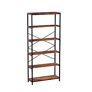 6 Tier Industrial Bookshelf 71" Tall Open Bookshelves and Bookcases Vintage Standing Storage Shelf Freestanding Display Shelf for Living Room Bedroom-Black Metal Frame & Wood(US Stock)