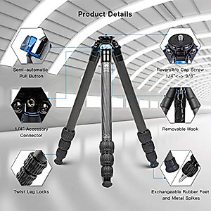 SIRUI AM-284 Travel Carbon Fiber Tripod, Professional Camera Tripod with 4-Section Legs, Twist Leg Locks, Detachable Metal Spikes, Loads up 33LB