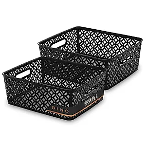 BINO l Plastic Storage Baskets, Large - Black | THE BLOSSOM COLLECTION l Multi-Use Organizer Bin l Built-in Handles l Plastic Woven Basket for Organizing l Pantry & Home Organizing Basket