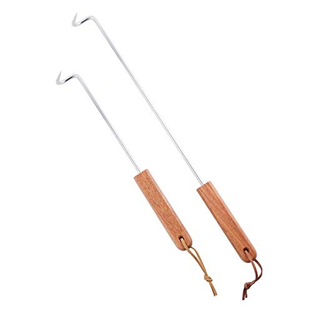LQLMCOS 2Pcs Food Flipper Turner Hooks Stainless Steel BBQ Meat Hooks Cooking Barbecue Turners Hooks Grill Accessories with Wooden Handle for Grilling & Smoking (17.5 in+12.5 in)