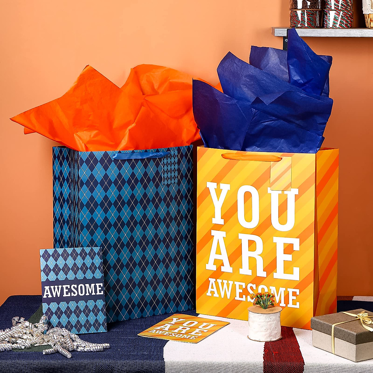 16.5&quot; Gift Bags for Men, Boys, Father&#039;s Day - Extra Large Gift Bags with Greeting Card, Tag, Tissue Paper - 2 Pack