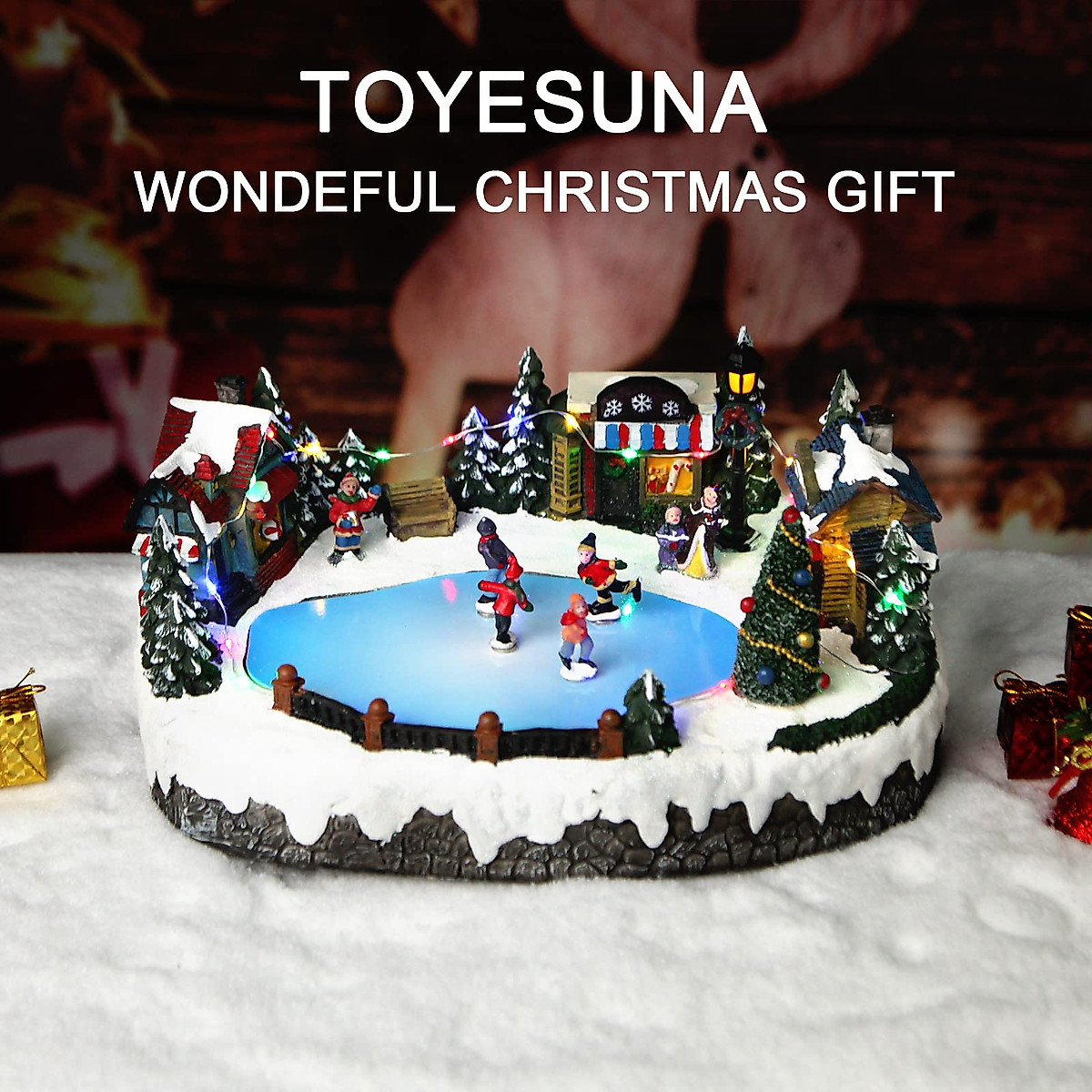 TOYESUNA Christmas Decoration Musical Snow Village Figurines Display Skating Pond Christmas Snow Globe Aldea De Navidad with 8 Music for Kids Gift Christmas Decor Home Decoración De Escritorio Large