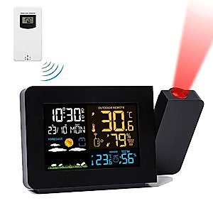 Kaxiww Projection Alarm Clock For Bedrooms With Weather Station, Color Display Atomic Projection Clock With Wireless Indoor Outdoor Temperature Humidity Monitor, Weather Forecast, Adjustable Backlight