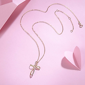 Carleen 14K Solid Yellow Gold 0.115CTTW Genuine Diamond Pave Cross Pendant Silky Infinity Ribbon Design Dainty Fine Delicate Necklace Jewelry Holiday Mother's Day Gifts for Women, 16+2 INCH