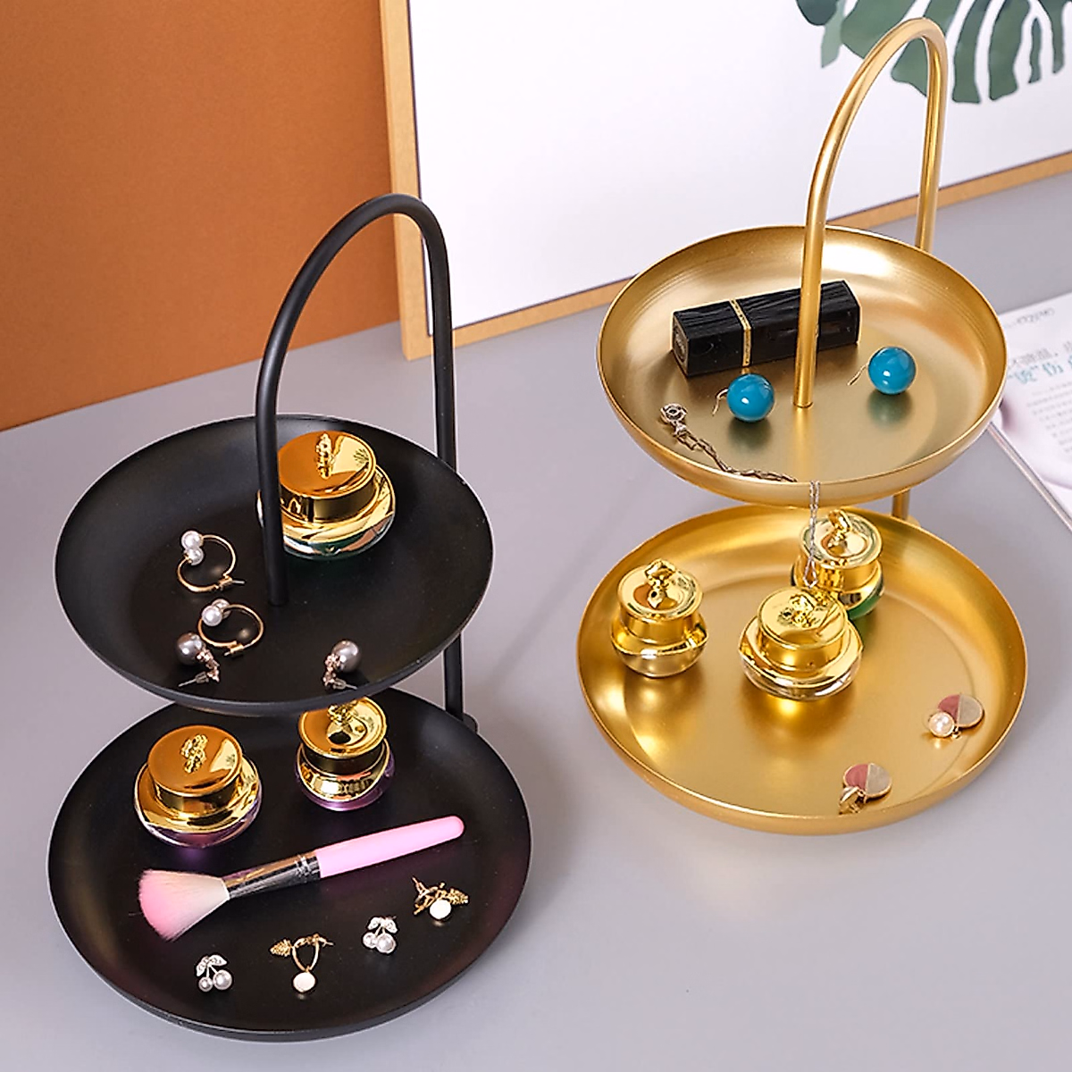 GSWPIP 2 Tier Multi Function Tray, Pantry Organization and Storage, Iron Organizer Fruit Serving Tray for Kitchen for Coffee Table Party(Gold)