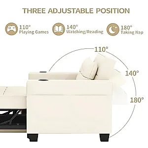 DURASPACE 39 inch Futon Chair Bed Convertible Chair 3-in-1 Pull Out Sleeper Reading Chair Beds with USB, Armchair Sleeper Bed for Living Room, Dorm, Small Space (Off White Faux Leather)