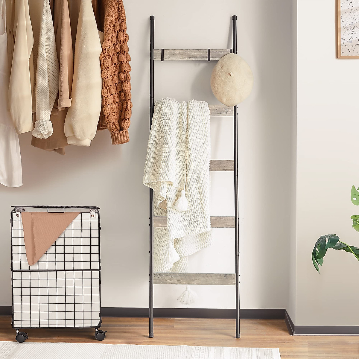 ELYKEN Blanket Ladder for Living Room, Farmhouse 5 -Tier Quilt Holder with 4 Removable Hooks for Bathroom, Wood Towel Rack Display, Wall Anchor Leaning Decorative Stand for Home Decor, White Oak