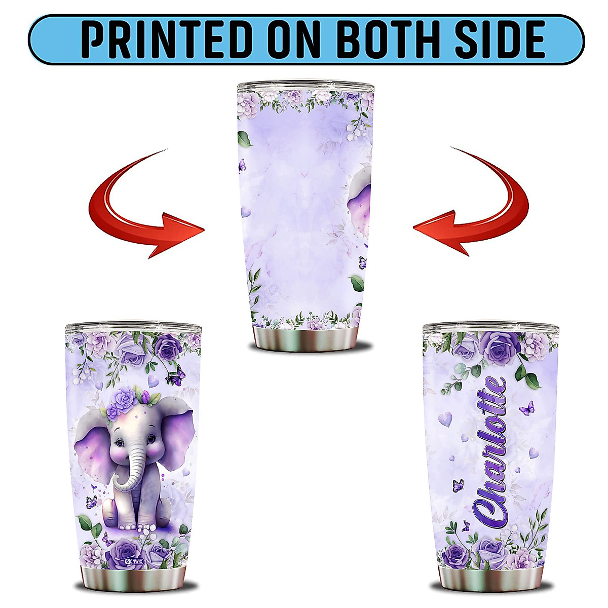 WONWIX Personalized Elephant Tumbler Customized Name Elephants Mug Gift Mugs Funny Gifts For Adults Purple Flowers Cups 20oz Insulated Stainless Steel Coffee Cup With Lid