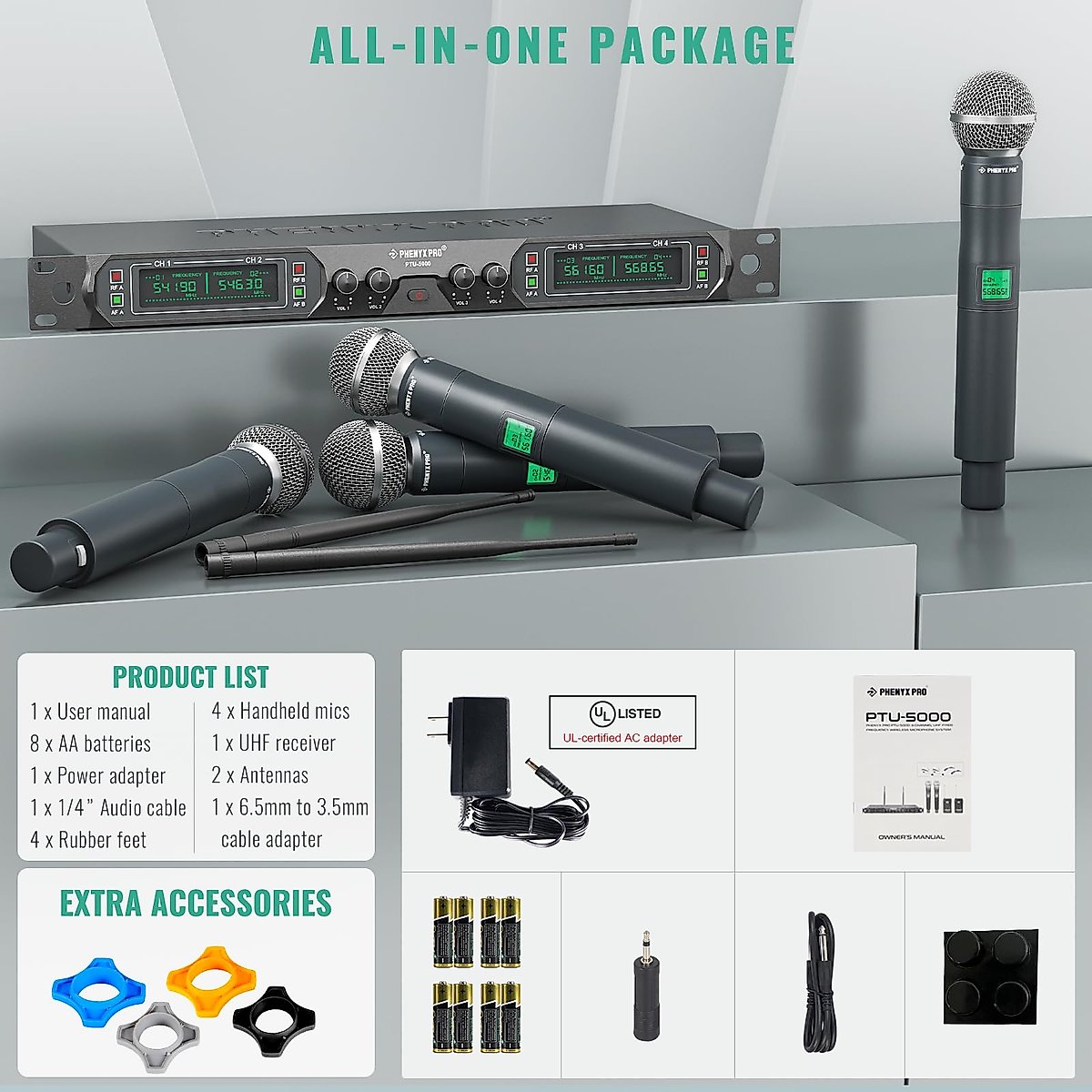 Phenyx Pro Wireless Microphone System, 4-Channel UHF Wireless Mic, Fixed Frequency Metal Cordless Mic with 4 Handheld Dynamic Microphones, 260ft Range, Microphone for Singing,Church(PTU-5000-4H)