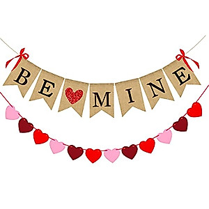 Valentines Day Decorations, Burlap Be Mine Banner Valentine's Day Banner with Heart Signs for Home Wedding Engagement Decorations