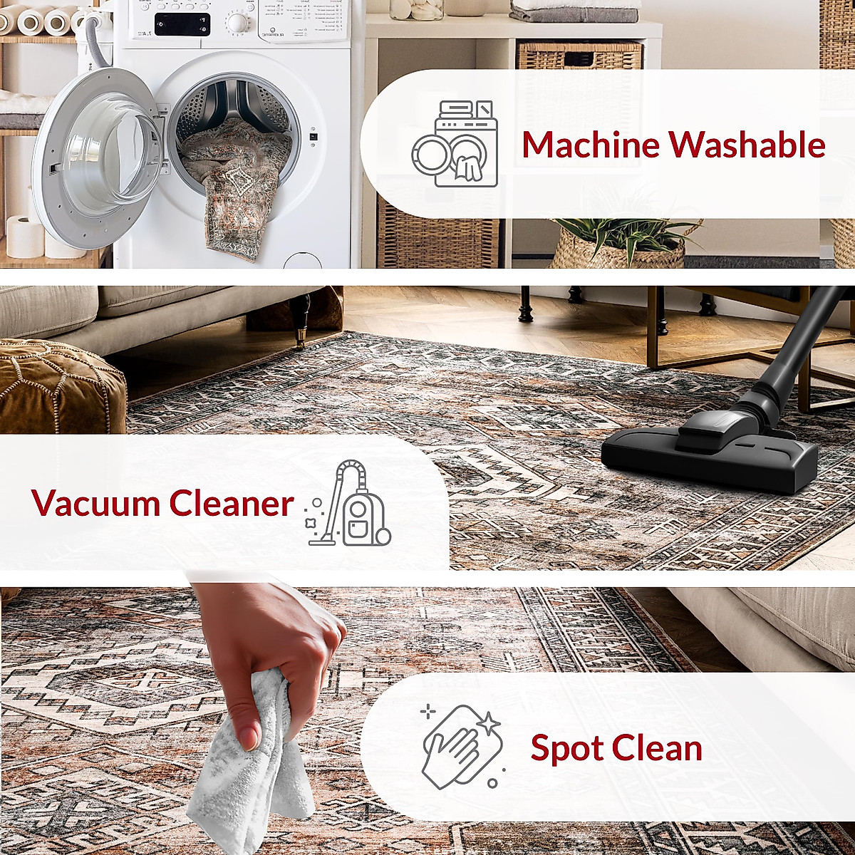 nuLOOM 8x10 Machine Washable Rain Haven Vintage Medallion Area Rug, Rust, Traditional Faded Design, Non-Slip Backing, Stain Resistant, For Bedroom, Dining Room, Living Room, Kitchen