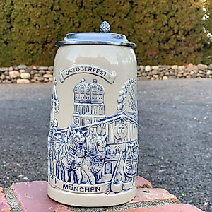 1 Liter | OktoberfestHaus Oktoberfest Mugs Engraved Beer Stein German Raised Relief Munich Festival Scene Stoneware Beer Mug Tankard With Lid