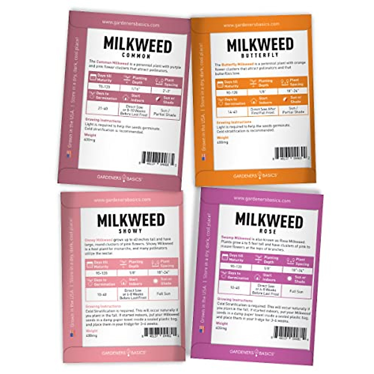 Milkweed Seeds For Monarch Butterflies (4 Variety Pack) Common, Showy, Butterfly and Rose Varieties Attracts Butterflies, Bees and Pollinators Heirloom Flower Seeds Wildflower Seed by Gardeners Basics