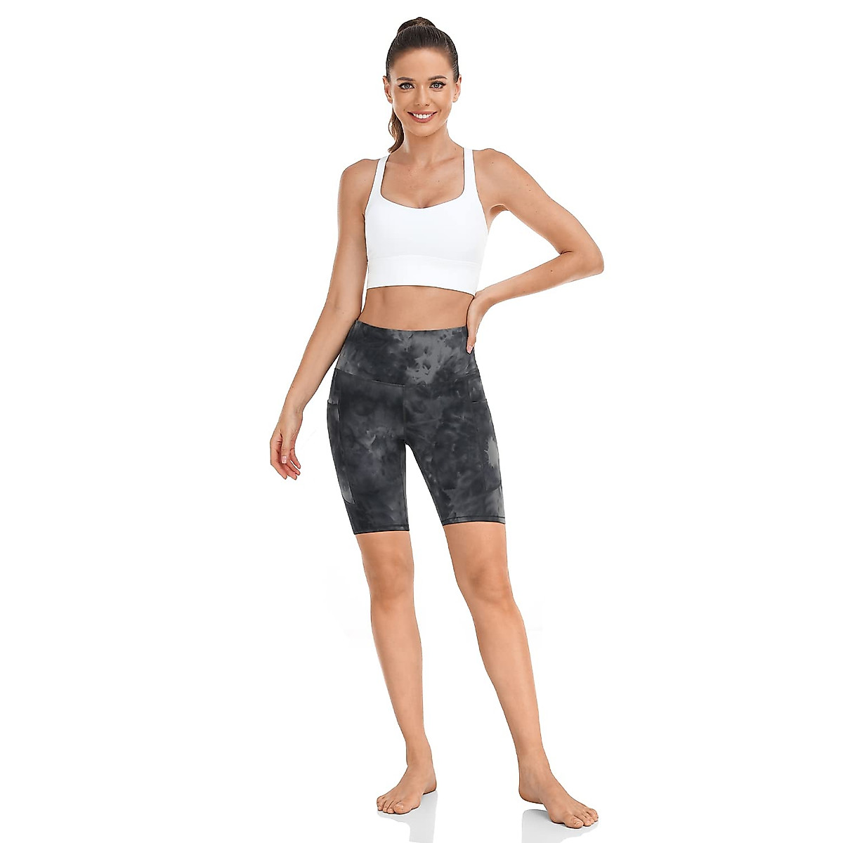 HeyNuts High Waisted Biker Shorts with Pockets for Women, Workout Compression Yoga Leggings Cycling Shorts 8'' Diamond Dye Coal Black M(8/10)