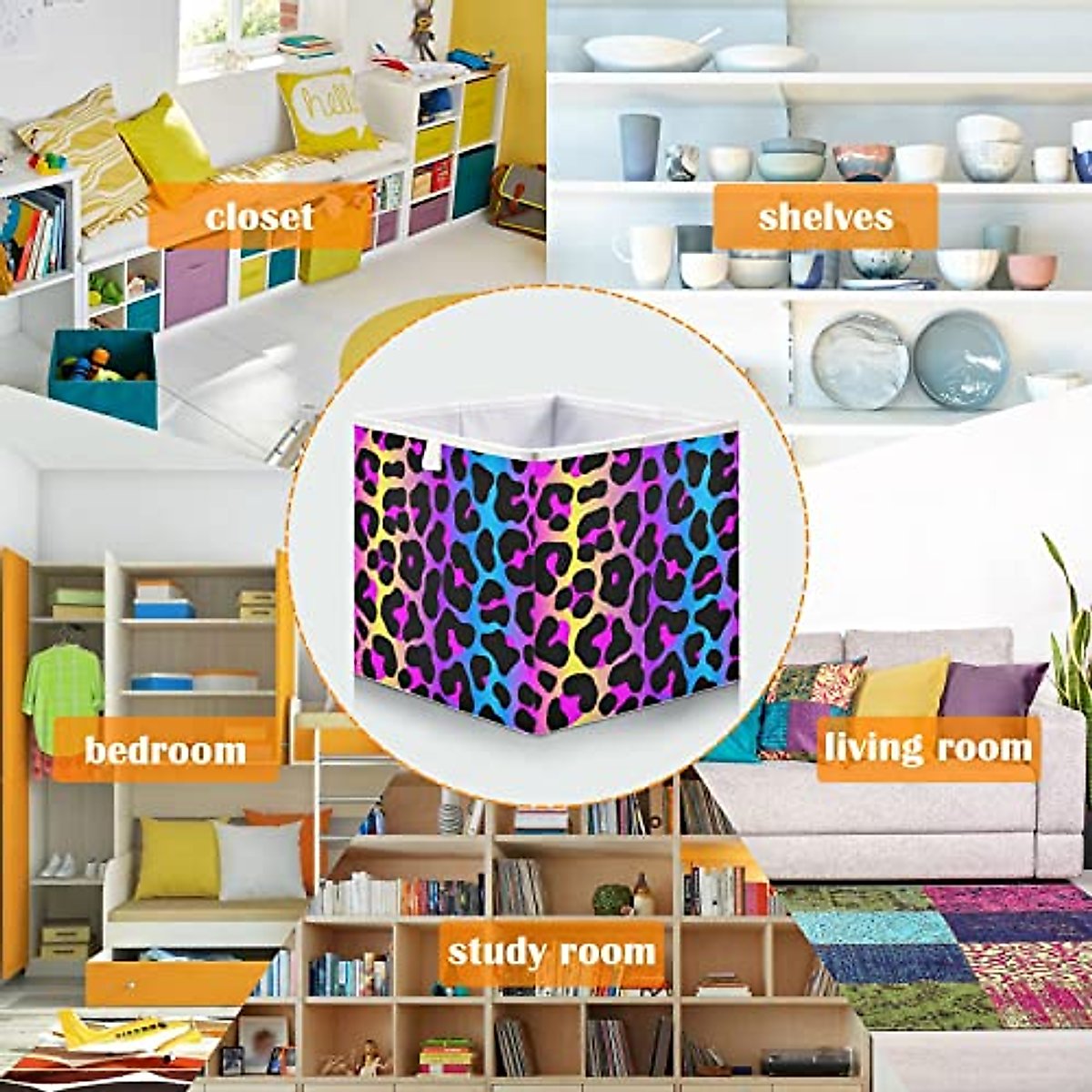 Blueangle Neon Gradient Leopard Print Cube Storage Bin, 11 x 11 x 11 in, Large Collapsible Organizer Storage Basket for Home Décor（1034）