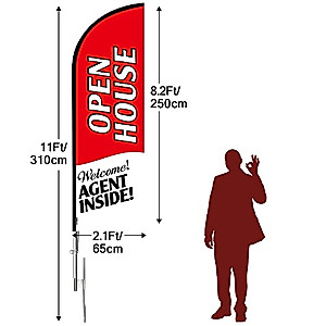 QSUM Open House Signs for Real Estate Agents Large, 11FT Swooper Open House Feather Flag Sign with Flagpole/Stainless Steel Ground Stake/Portable Bag, Open House Banner for Business (Red)