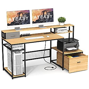 AYEASY Home Office Desk with Monitor Stand Shelf, 66 inch Large Computer Desk with Power Outlet and USB Charging Port, Computer Table with Storage Shelves and Drawer, Study Work Desk, Natural