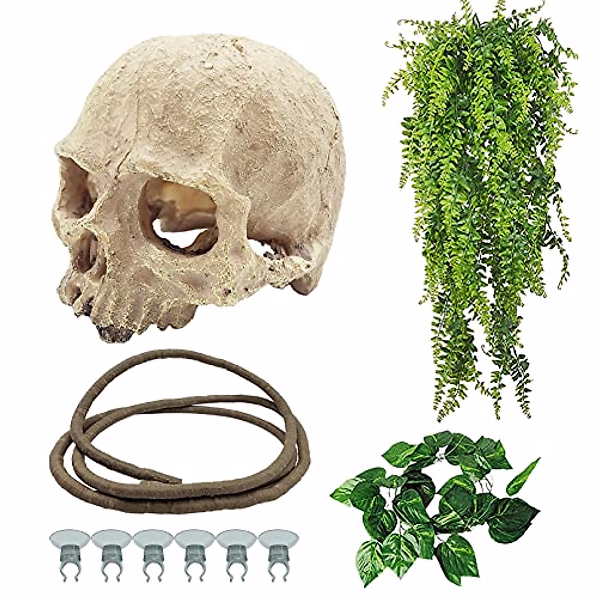Tfwadmx Reptiles Skull Hide Decorations Bearded Dragon Tank Accessories Terrarium Ornament Gecko Hideouts Cave Snake Habitat Jungle Climber Bendable Vines Leaves for Lizards,Chameleon,Spider (4 Pcs)