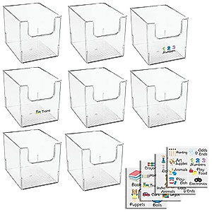 mDesign Deep Plastic Home Storage Organizer Bin - Container for Nursery, Kids Bedroom, Toy or Playroom - Open Front Design - 8 Bins + 24 Labels - Clear