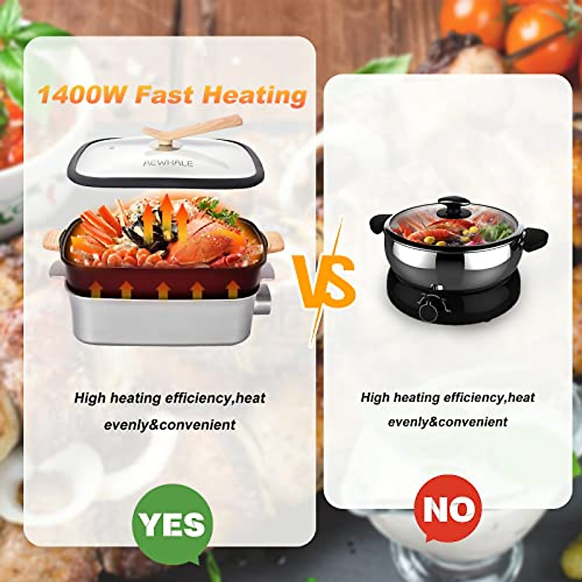 AEWHALE Electric Skillet,Indoor Non-Stick Electric Grill with Removable Plate,1400W Adjustable Temperature Party Griddle for Cooking Meats Seafood Steak Pancake