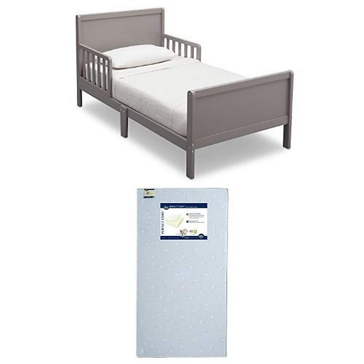 Delta Children Fancy Toddler Bed, Grey with Serta Perfect Start Crib and Toddler Mattress