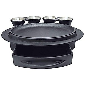 The Fajita Butler!! Patented Tortilla Drawer, repositionable Condiment Holders, high Temp Base (500 Degrees), Cast Iron Skillet & (4) Stainless Steel ramekins. Restaurant Size and Quality.