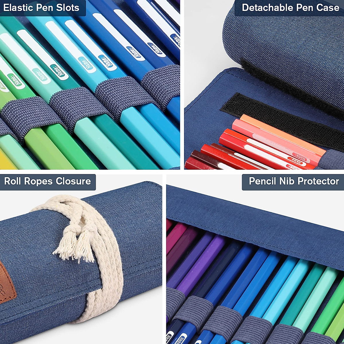 FINPAC Pencil Case, Large Capacity Roll-Up Pencil Pouch Wraps, Pen Pouch Stationery Storage Organizer, Office Stationery Supply, Navy