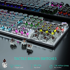 AULA F2088 Typewriter Style Mechanical Keyboard,Rainbow LED Backlit,Tactile Brown Switches,Removable Wrist Rest,Media Control Knob,Retro Round Keycaps,USB Wired PC Game Keyboard