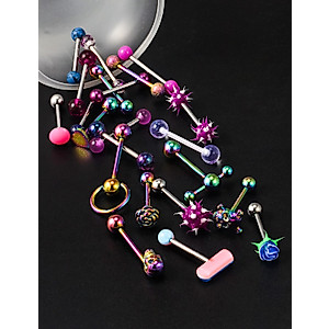 Ronbemo 22Pcs Assorted Styles 14G Tongue Rings Stainless Steel Tongue Piercing Barbells Long Tounge Piercing Jewelry for Women Men Rainbow