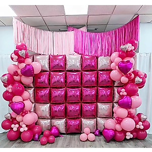 Magenta Pink Square Foil Balloon Wall/Rose Red Square Balloons/Double Sided Balloon Arch Garland Kit for photos/Anniversary Bachelorette Birthday Engagement Bridal Baby Shower Party Decorations