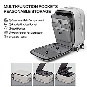Mixi Carry On Luggage, 20'' Suitcases with Spinner Wheels, Rolling Travel Suitcase with Front Laptop Pocket Luggage Aluminum Frame PC Hardside with TSA Lock and Cover, Smoke White
