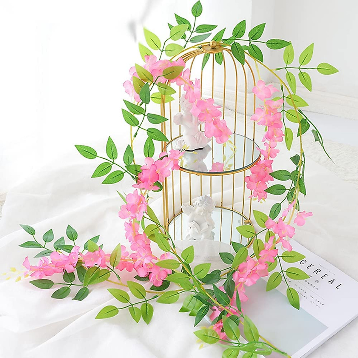 Lmeison Pink Wisteria Garland, 4Pcs Total 24ft Hanging Wisteria Flowers Silk Strings, Artificial Flowers Fake Plants Vine for Room Home Garden Outdoor Ceremony Wedding Arch Floral Decor