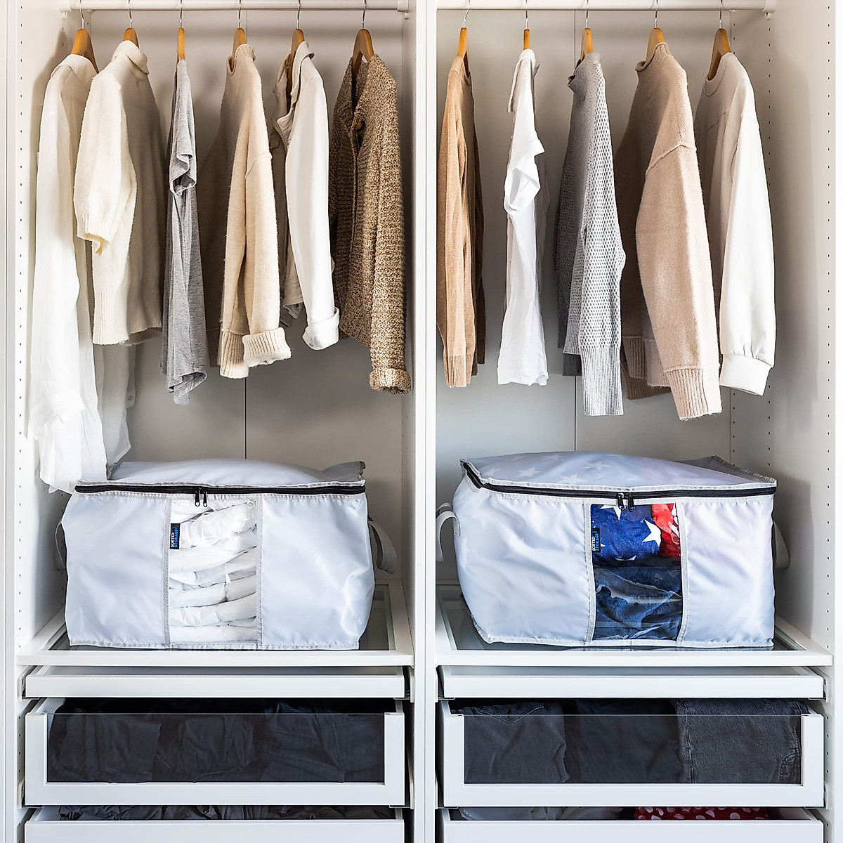 Summer & Winter Clothes Storage Bags with Zipper – 90L Closet Declutter Organizer Collapse Storage Bins for Comforter, Blanket, Bedding – Reinforced Fabric Clothing Storage Bags – Gray, 6 Pack