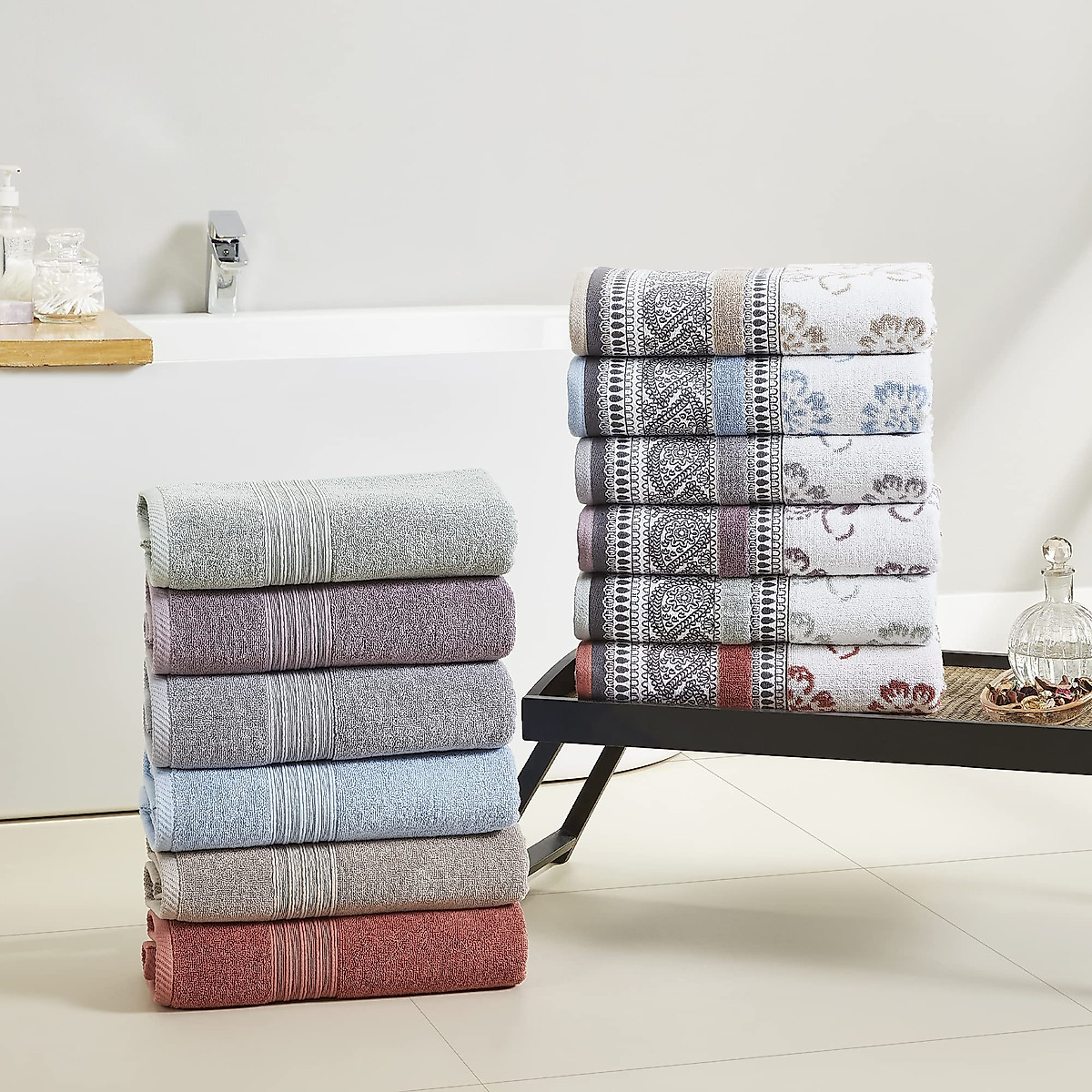 Modern Threads 6 Piece Set, 2 Bath Towels, 2 Hand Towels, 2 Washcloths Yarn Dyed Jacquard/Solid Towel Set Ophelia Orchid