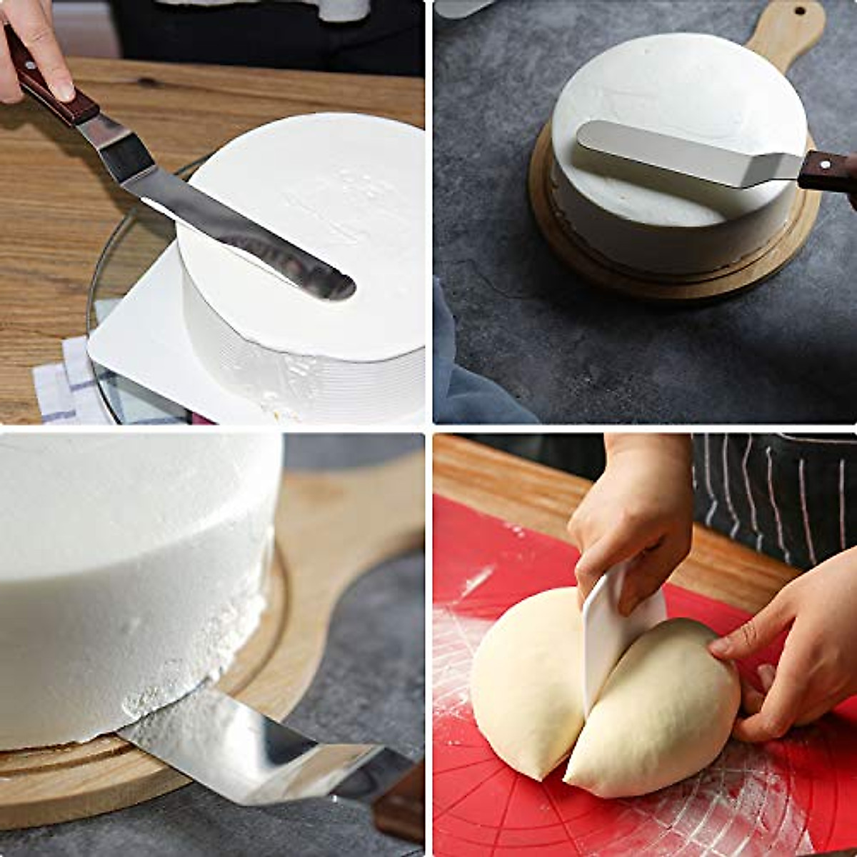 Cake Icing Spatula Set of 4 Packs(10"+8"+6"+4") and Cake Smoother Scraper Set of 3 Packs, Professional Stainless Steel Offset Spatula with Wooden Handle