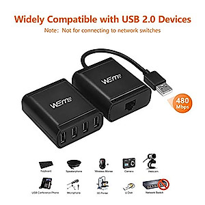 WEme USB Extender, 4-Port USB 2.0 Ethernet Extender Hub Over Cat5/ Cat5e/ Cat6 Cable Connection up to 60Meters/196FT, RJ45 Lan Extension with Power Adapter for Logitech Webcam, Camera, Speakerphone