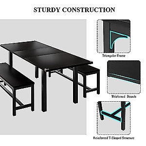 iPormis 3-Piece Dining Table Set for 4-8, 63" Extendable Kitchen Table with 2 Benches, Dining Room Table Set with Metal Frame & Wooden Board, Easy Clean, Black