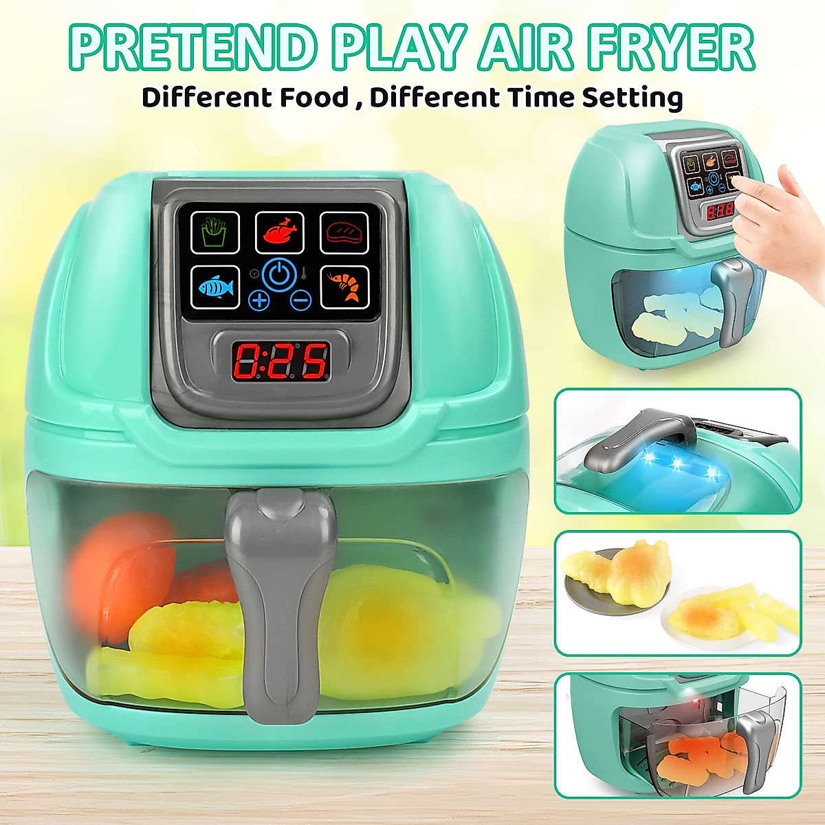 deAO Air Fryer Toy for Kids with Lights,Play Kitchen Color Changing Play Foods,13 PCS Pretend Food and Cooking Playset,Gift for Boys Girls Kids