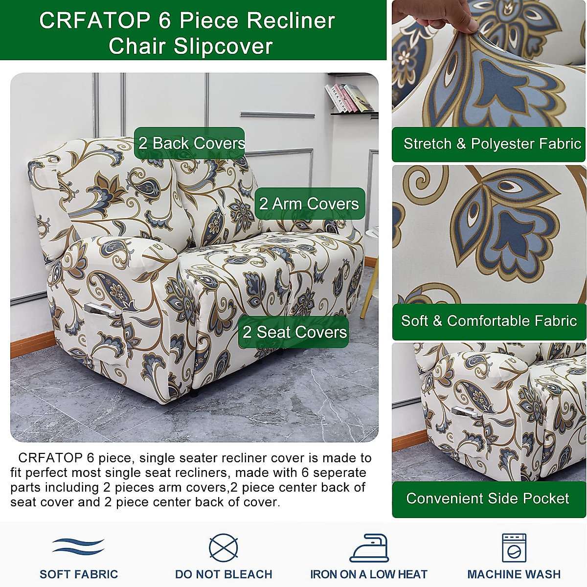 CRFATOP Printed Recliner Chair Slipcover with Pockets 2 Seat Recliner Sofa Covers 6-Pieces Lazy Boy Chair Cover Fallon Collection Slipcover for Recliner with Elastic Bottom,01