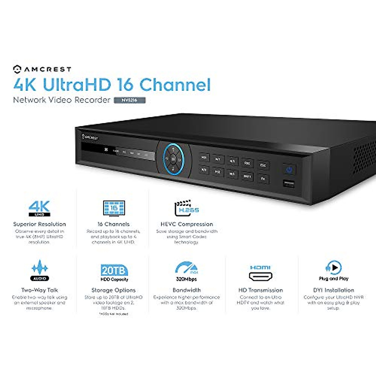 Amcrest 5Series 4K NVR 16-Channel NV5216 16CH (Record 16CH 4K @30fps, View/Playback 4CH 4K @30fps) Network Video Recorder - Supports up to 2 x 10TB Hard Drive (Not Included) (No PoE Ports Included)