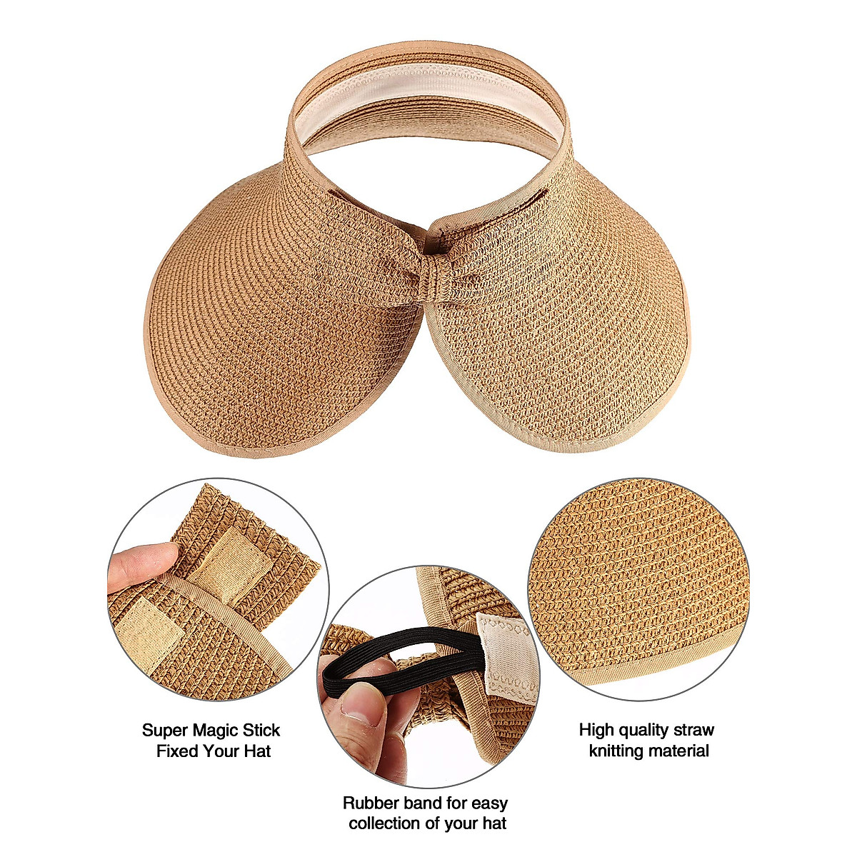 HESTYA Women's Wide Brim Straw Sun Visor Hat Foldable Roll-up Summer Beach Hat Open Top Hat Packable