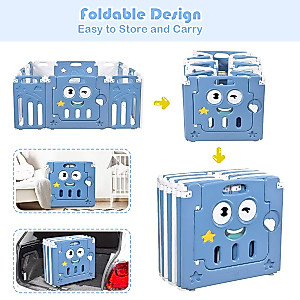 HONEY JOY Baby Play Yards, 14 Panel Foldable Baby Playpen, Anti-Slip Base & Lockable Safety Gate, Indoor Large Baby Fence Play Area for Babies and Toddlers (Blue, 14 Panel)