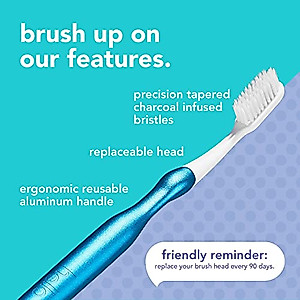 hello Manual Adult Toothbrush With Reusable Blue Modern Aluminum Handle & 4 Soft Replacement Heads, Bpa-free, 4 count