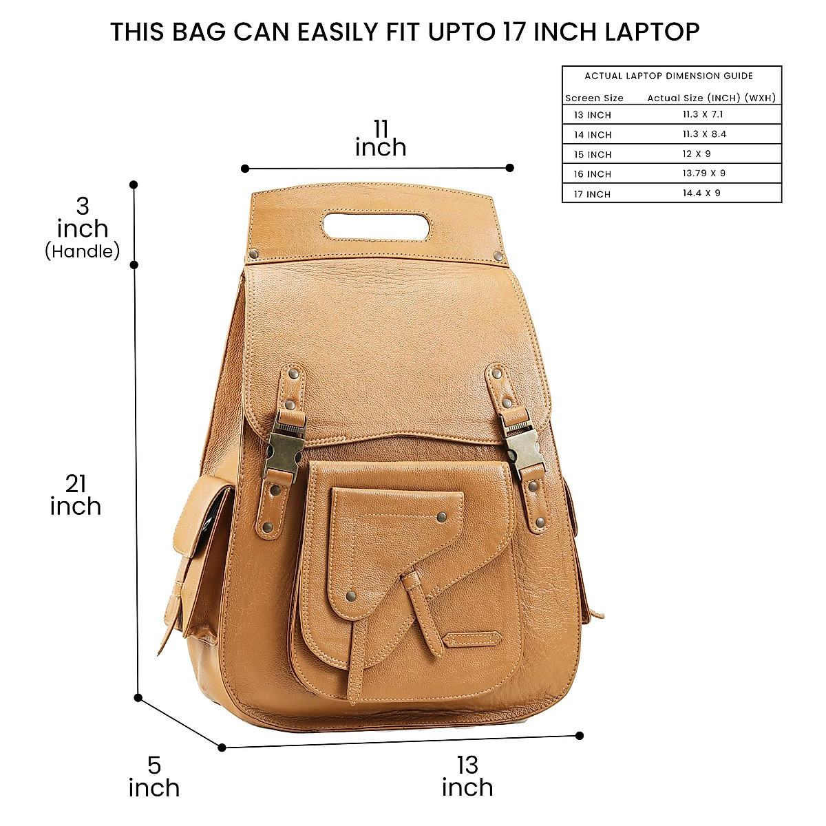 Handmade World Full Grain 18 Inch Leather Laptop Large Backpack Casual Bookbag Daypack Camping Travel Rucksack Knapsack (Camel Brown)
