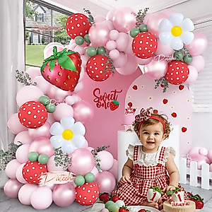 Pateeha Strawberry Balloon Arch Kit 12ft, Berry First Birthday Decor, Foil Daisy Balloons Strawberry Balloons Garland Kit for Strawberry Baby Shower Decorations