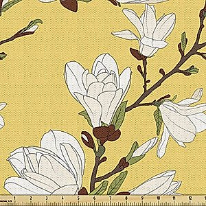 Ambesonne Floral Fabric by The Yard, Retro Magnolia Tree Branch Flourishing Fragrance Blossoms Pattern Print, Decorative Fabric for Upholstery and Home Accents, 1 Yard, Mustard Brown